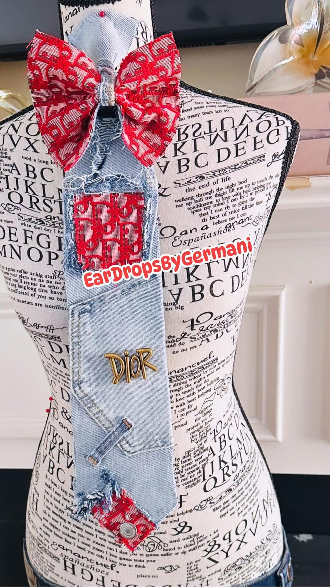 Red Bow Light Wash Distressed Denim Necktie